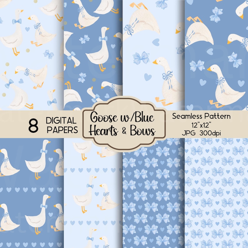 Silly Goose Seamless Pattern Digital Download JPG, Cute Geese With Blue ...
