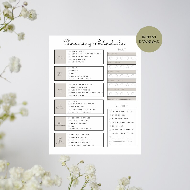 Printable Cleaning Schedule, Instant Download, Cleaning Planner ...