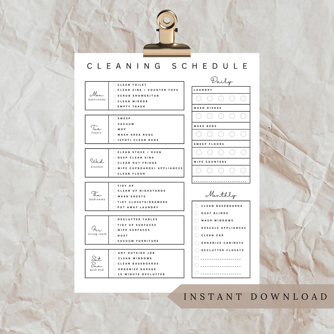 Printable Cleaning Schedule, Instant Download, Cleaning Planner ...