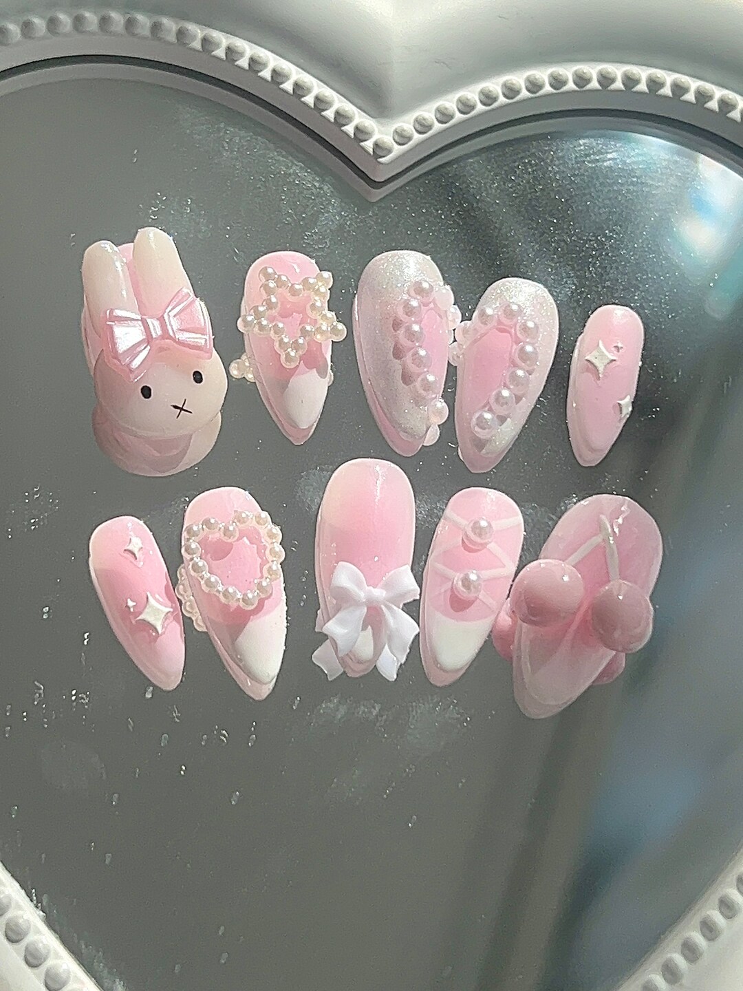 Coquette Aesthetic Pink 3D Miffy Press on Nails Cute Ballet Core Pearl ...