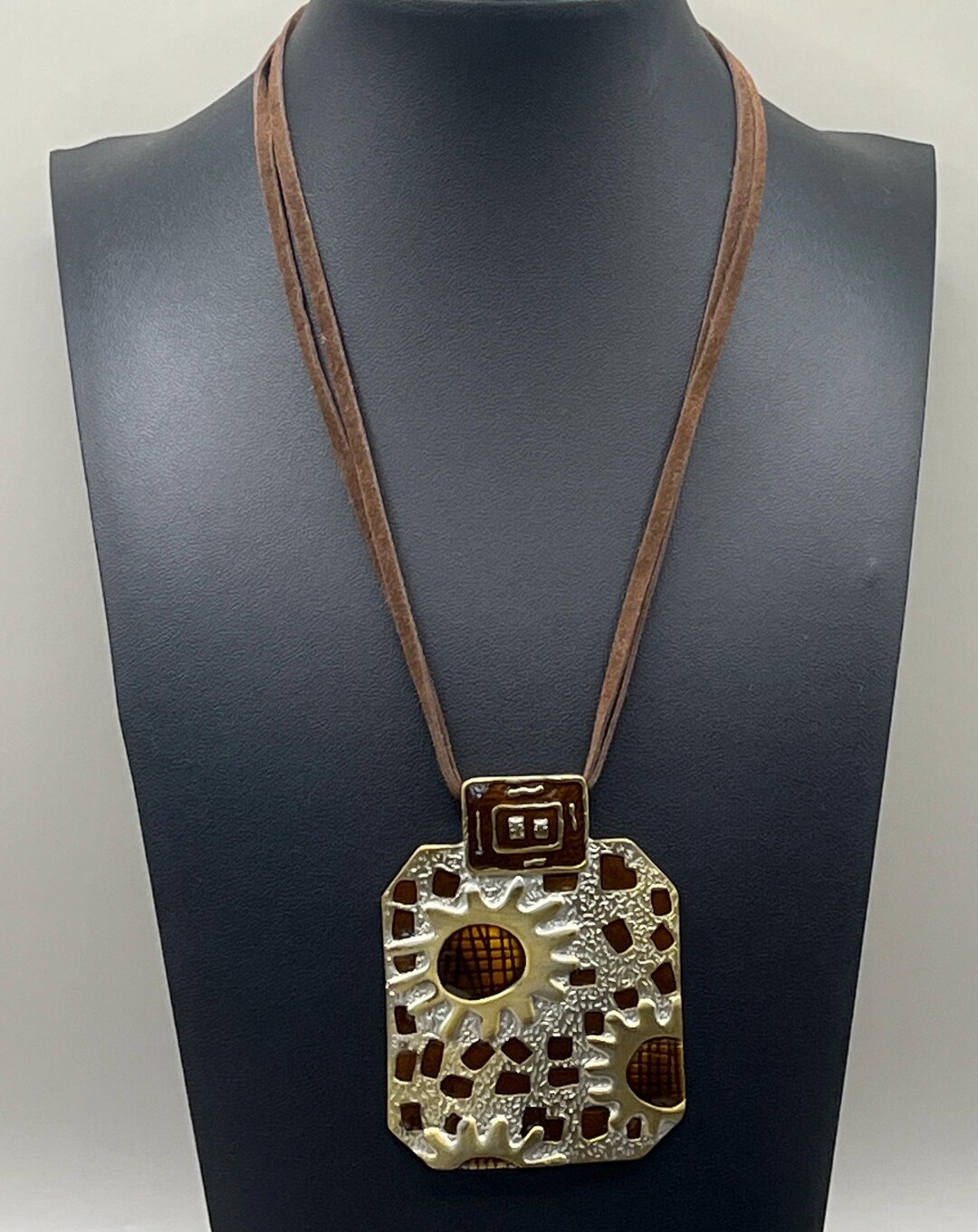Vintage Double Strand Brown Cord Necklace With Brown and Gold Tone ...