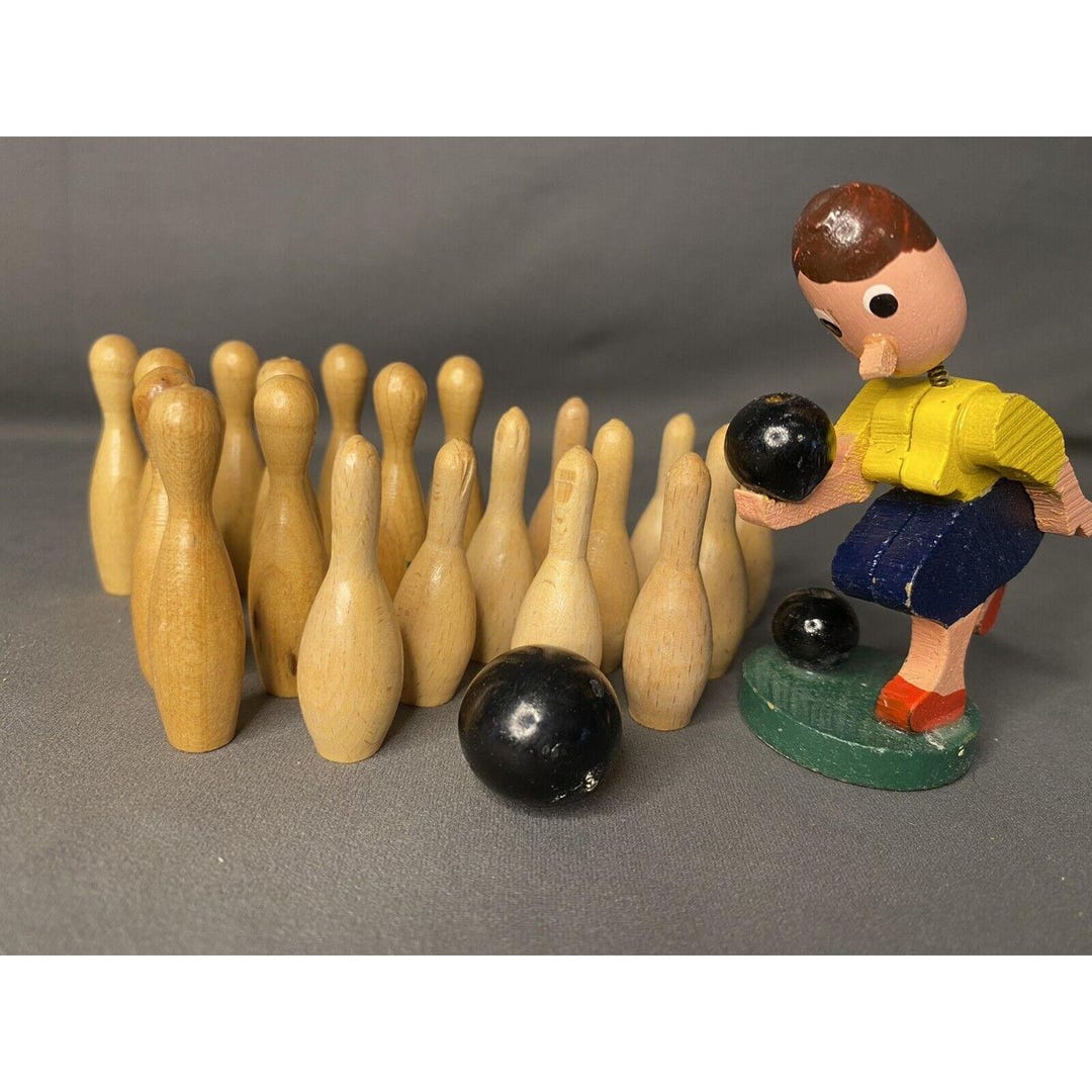 Vintage Childrens Wooden Toy 2" Bowling 20 Pins and Woman Wood Bowler ...