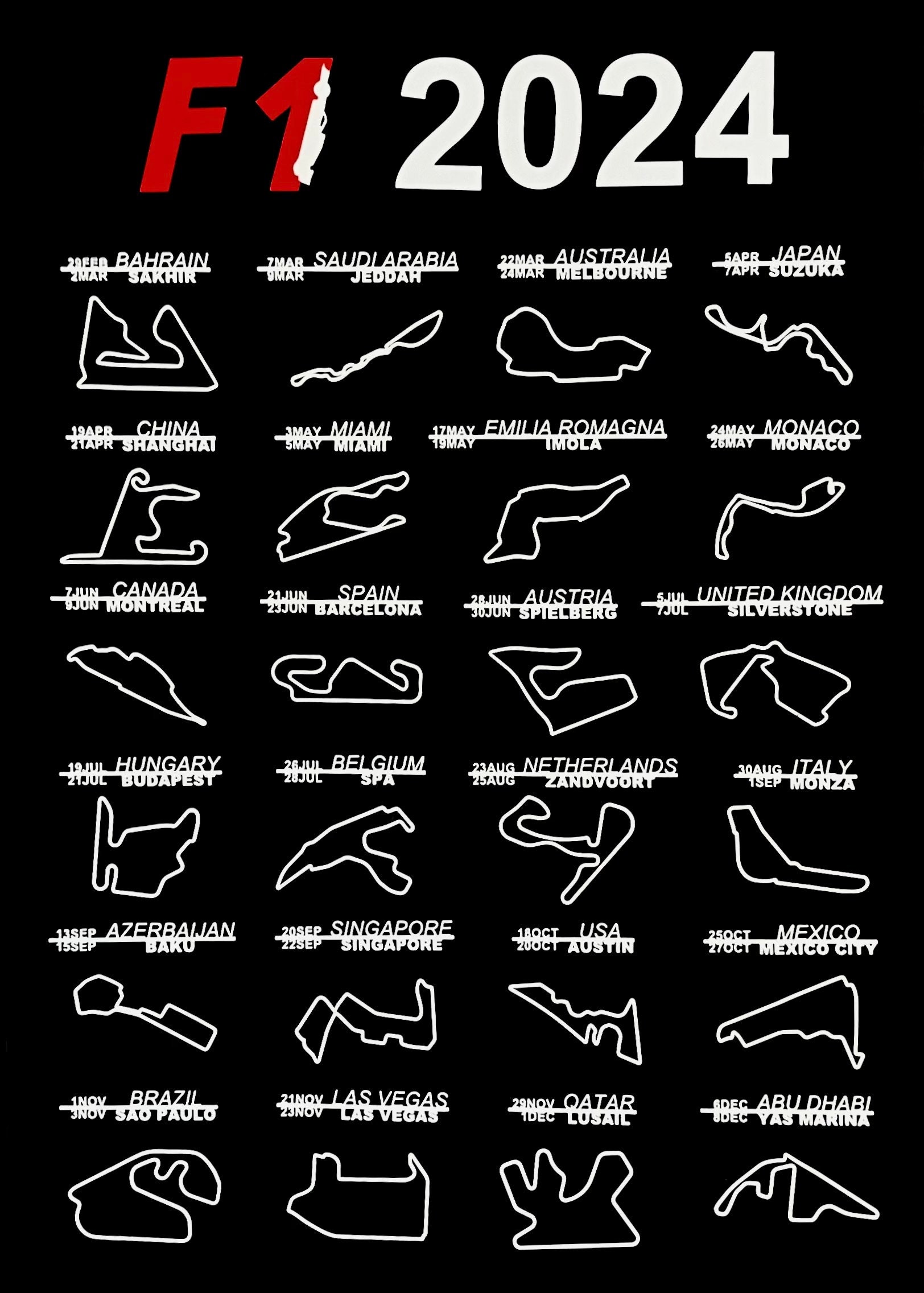 Formula 1 2024 Season Calendar F1 Grand Prix Track Circuits 3d-print ...