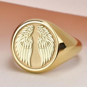 14K Solid Gold Angel Wings Signet Ring, Wings of Angel Amulet, Angelic ...