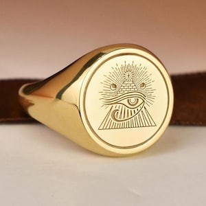 14K Gold Eye of Horus Signet Ring, Round Pyramid Eye Ring, Ancient ...