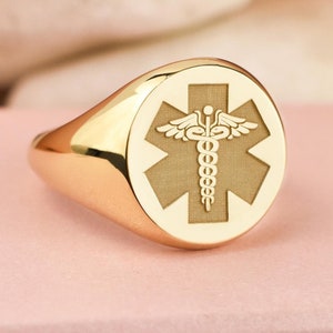 14K Gold Medical Symbol Signet Ring, Medic Round Ring, Gift for Doctor ...