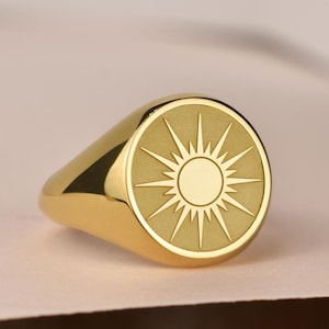 14K Solid Gold Sun Signet Ring for Men, Celestial Signet Ring, Sun Ray ...