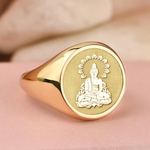 14K Gold Buddha Statue Signet Ring, Meditation Jewelry, Peaceful Zen ...