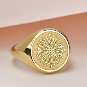 14K Gold Compass Signet Ring, Personalized Compass Ring for Men & Women ...