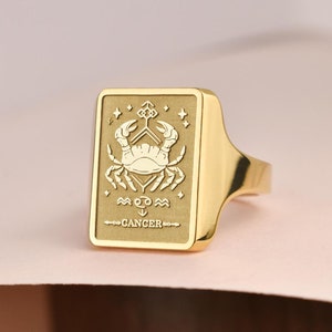 14K Solid Gold Cancer Zodiac Sign Signet Ring, Personalized Zodiac Sign ...