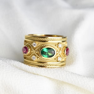 Solid Gold Byzantine Emerald Ring for Women, Wide Gold Band, Multi Gemstone Ring, Byzantine ...