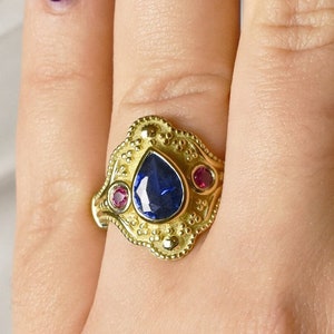 14K Solid Gold Iberian Blue Sapphire Ring, Ancient Spanish Gold Ring ...