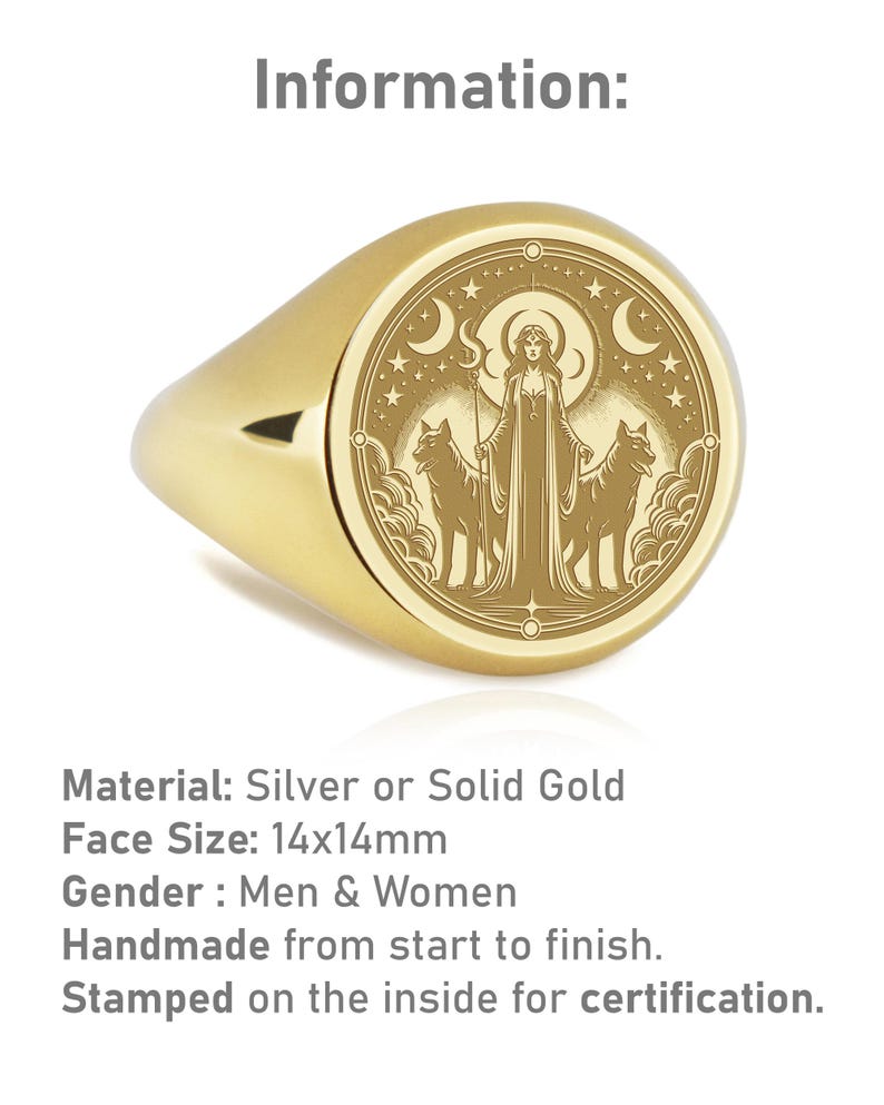 14K Gold Hecate Signet Ring, Ancient Goddess Jewelry Ring, Triple Moon ...