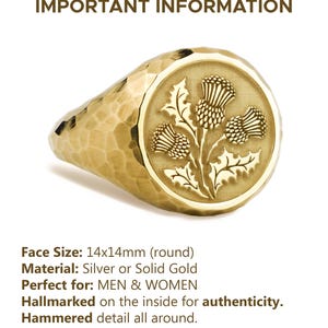14K Solid Gold Thistle Signet Ring, Hammered Floral Jewelry, Scottish ...
