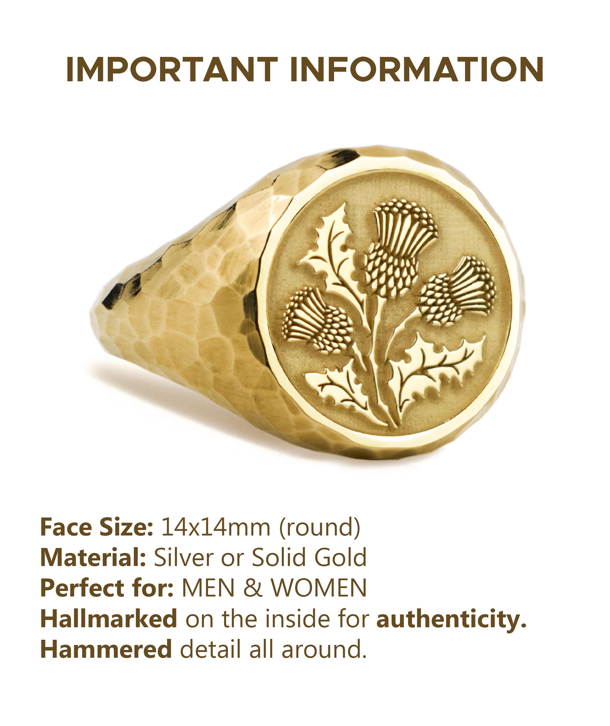 14K Solid Gold Thistle Signet Ring, Hammered Floral Jewelry, Scottish ...