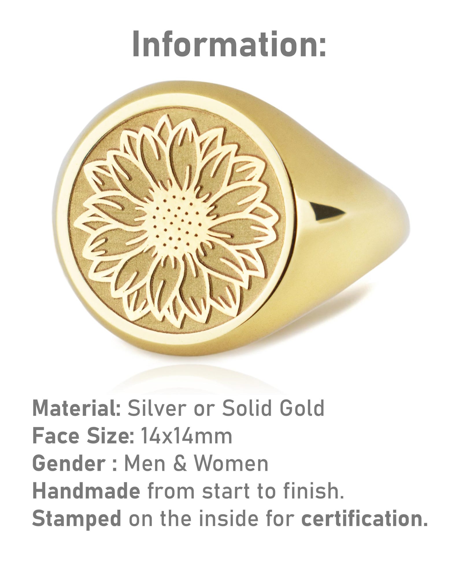 14K Solid Gold Sunflower Signet Ring, Daisy Flower Signet Ring ...