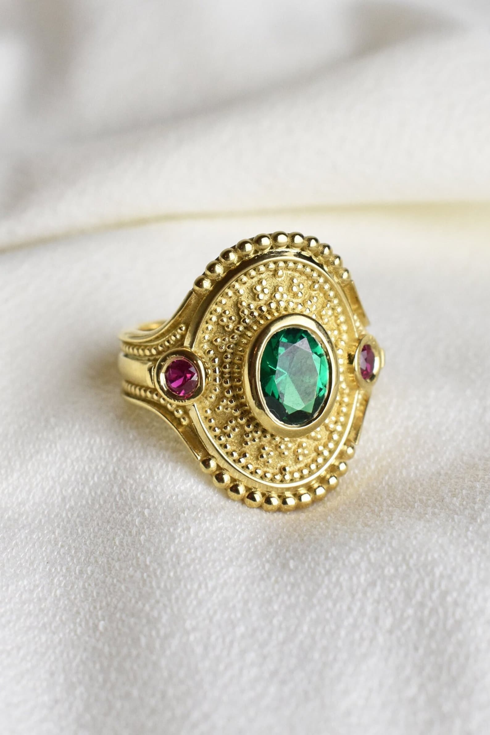 Gold Emerald Filigree Ring, Pear Cut Emerald Byzantine Ring, Gold ...