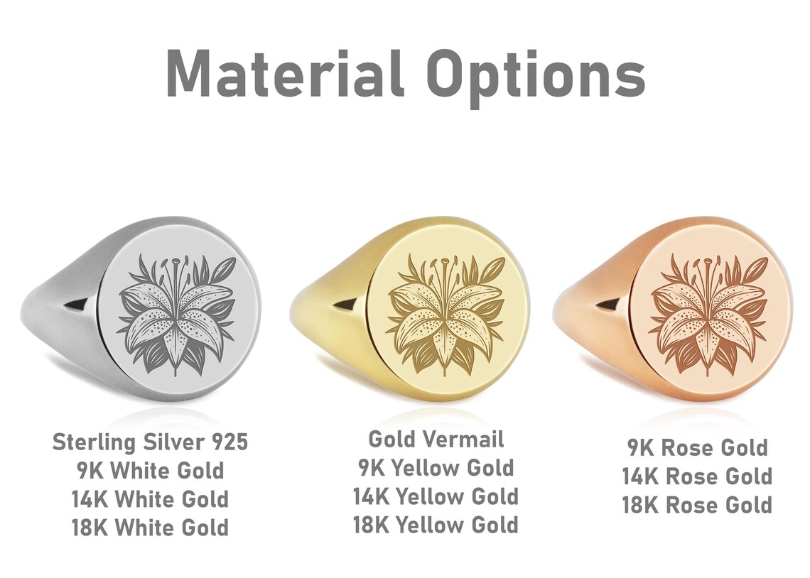 14K Solid Gold Lily Signet Ring, Gardening Charm, Custom Martagon Lily ...