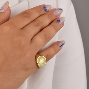14K Solid Gold Sun Signet Ring for Men, Celestial Signet Ring, Sun Ray ...