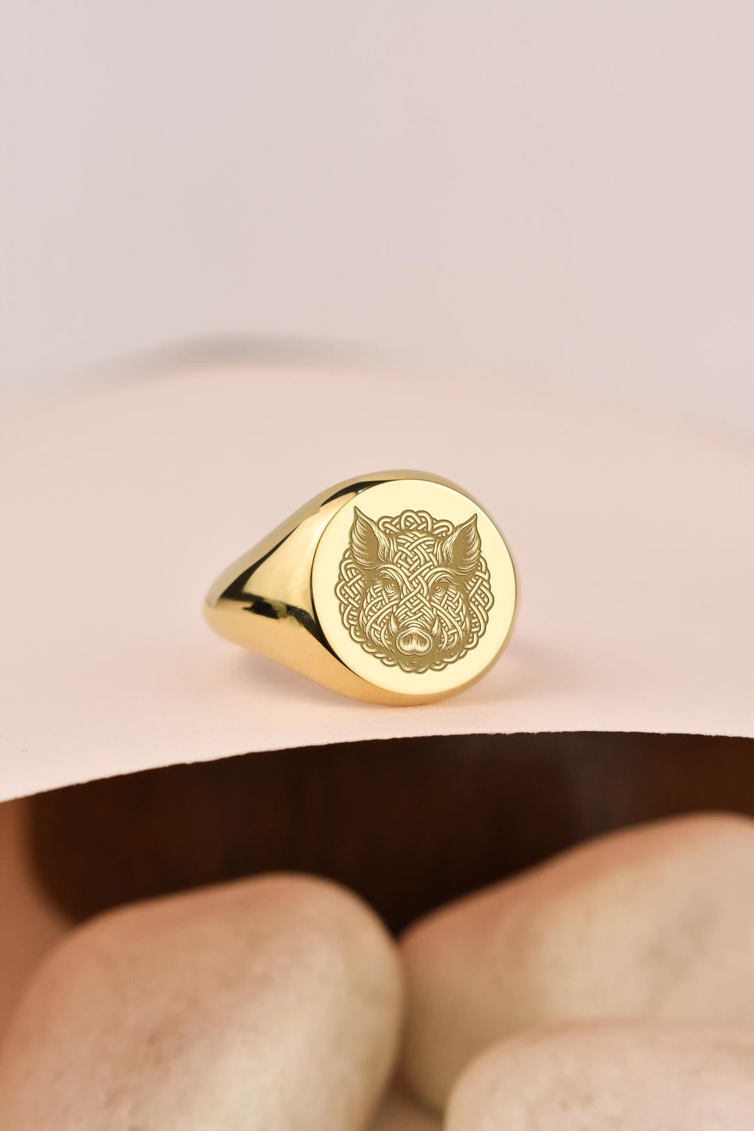 14K Gold Celtic Knot Boar Signet Ring, Tribal Animal Talisman Ring ...