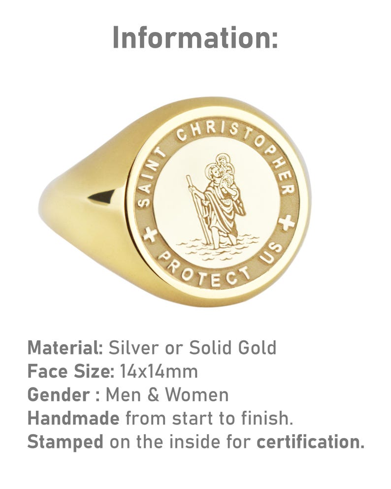 14K Gold Saint Christopher Signet Ring, St Christopher Round Ring ...