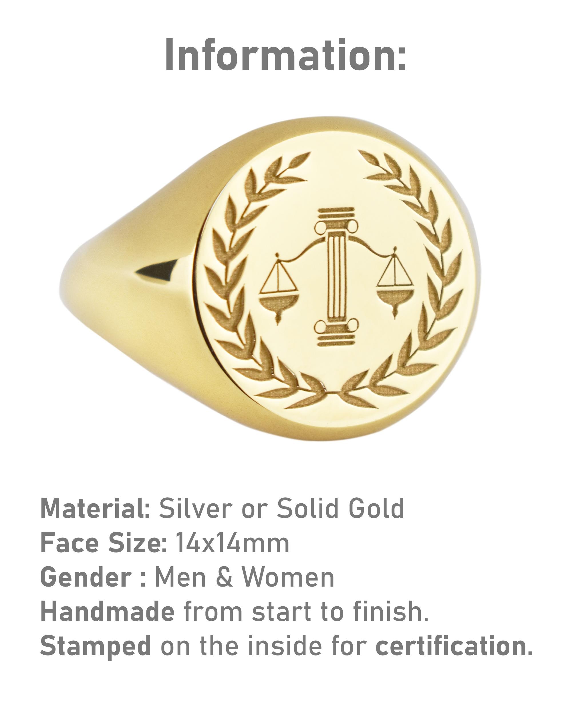 14K Gold Scales of Justice Signet Ring, Personalized Justice Scale Ring ...