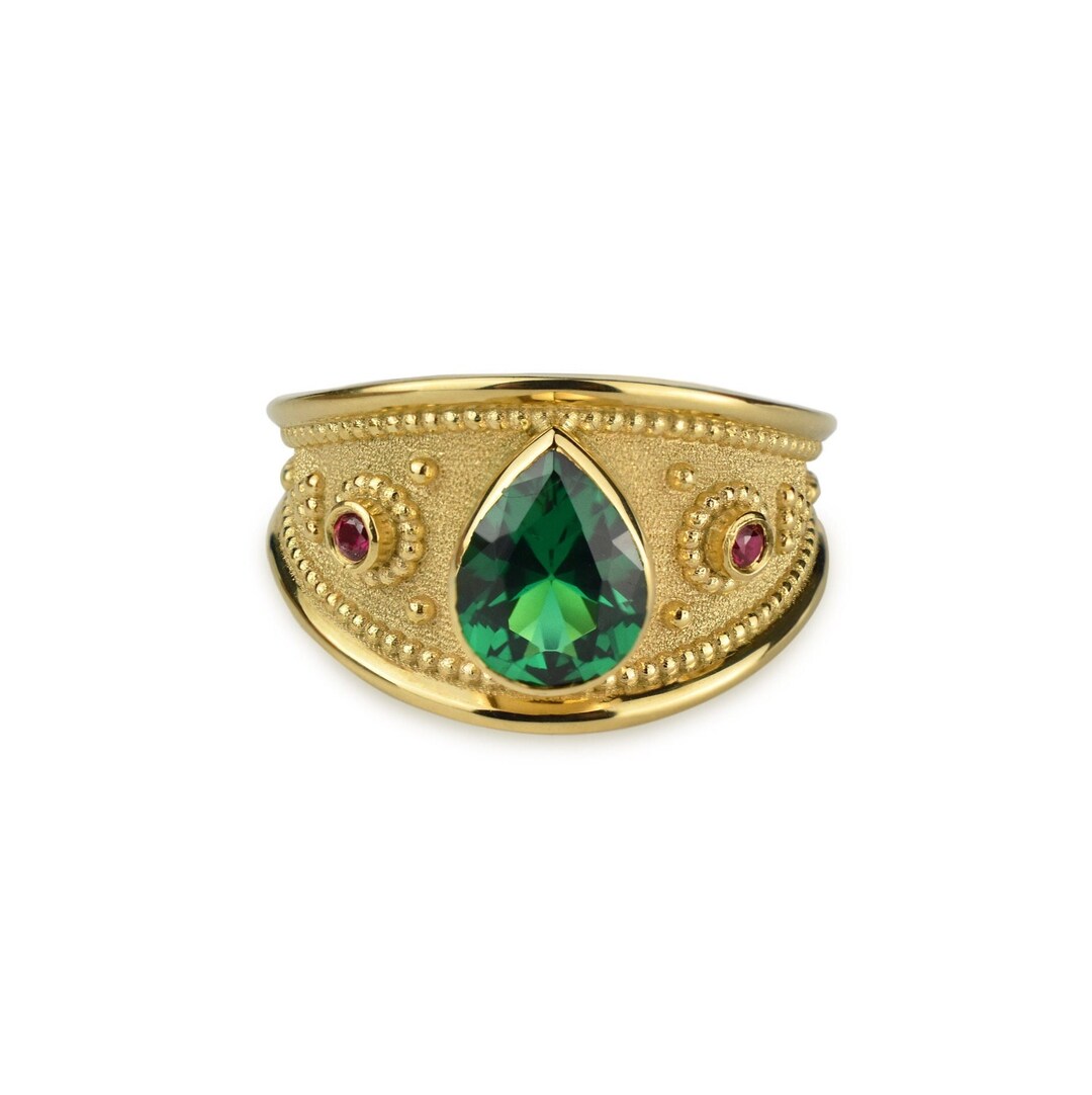 14K Gold Green Emerald Ancient Greek Ring, Dainty Byzantine Ring for ...