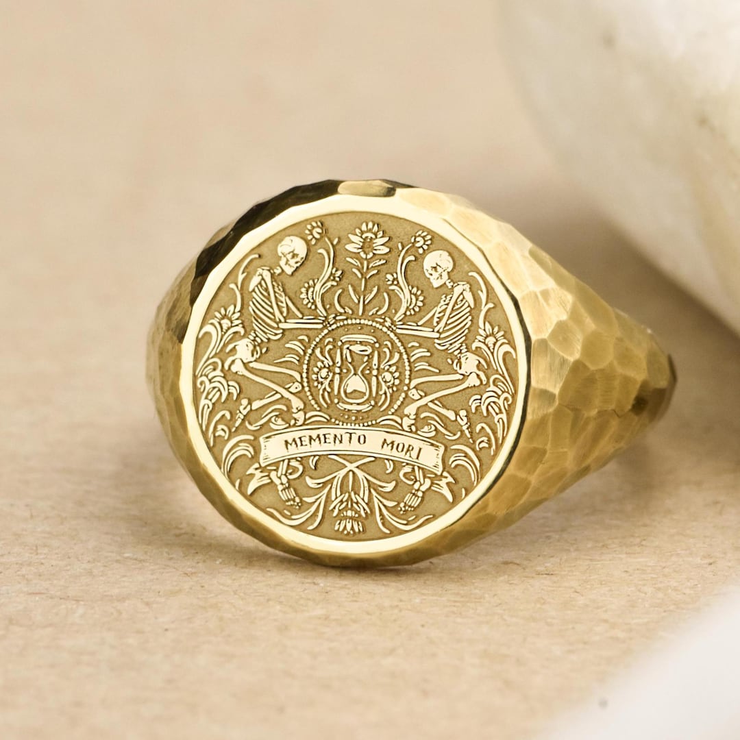 14K Gold Memento Mori Signet Ring, Hammered Death Symbol Jewelry, Skull ...
