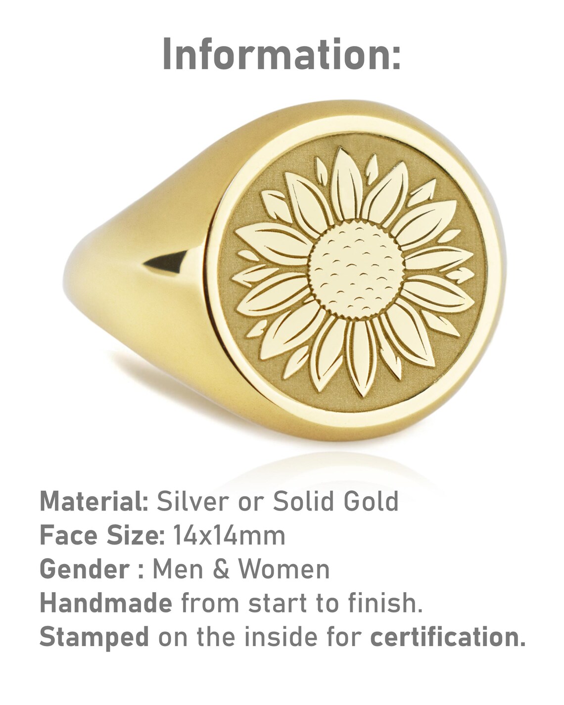 14K Gold Sunflower Signet Ring, Gold Daisy Signet Ring, Dainty ...