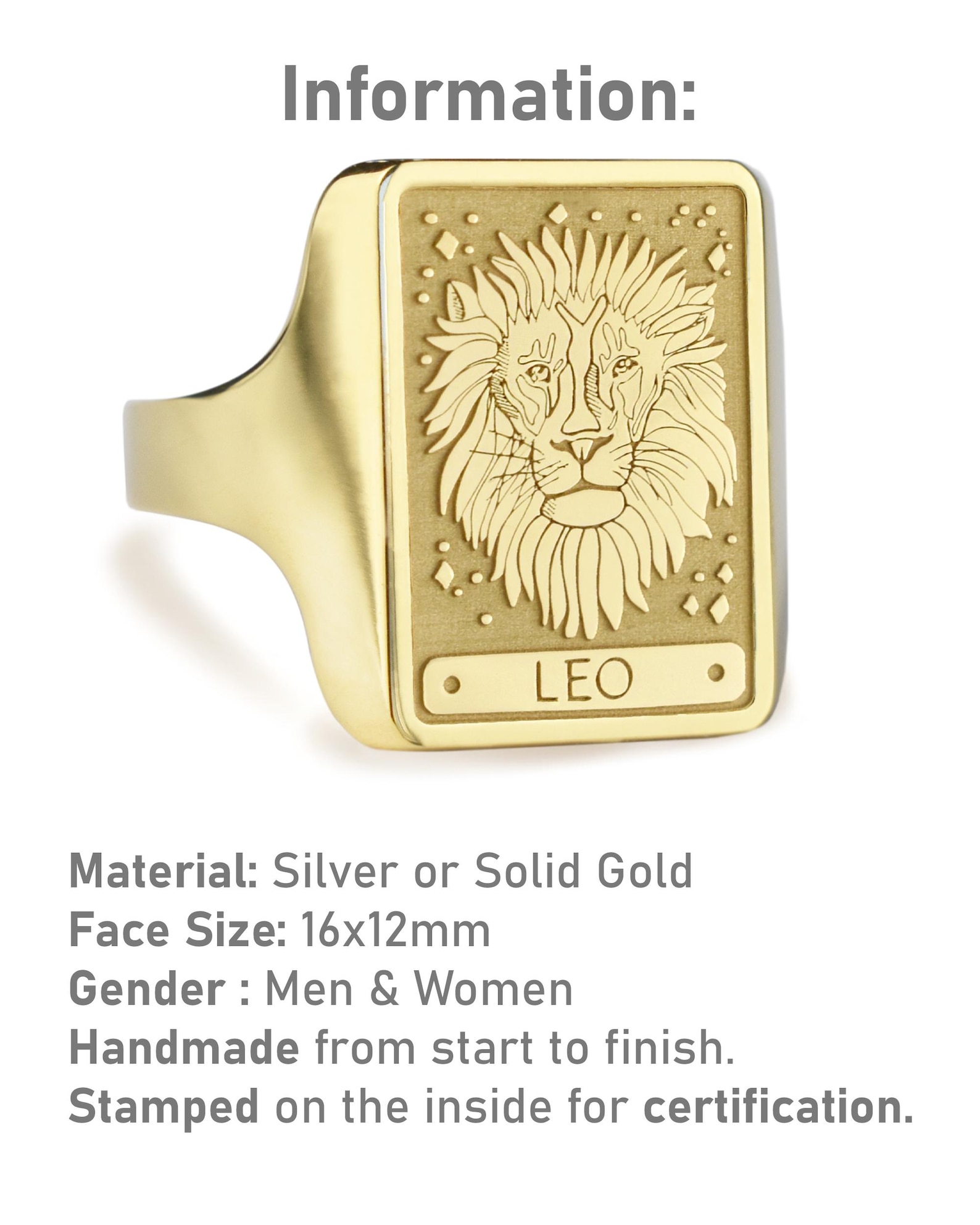 14K Solid Gold Leo Zodiac Sign Tarot Card Signet Ring for Men & Women ...