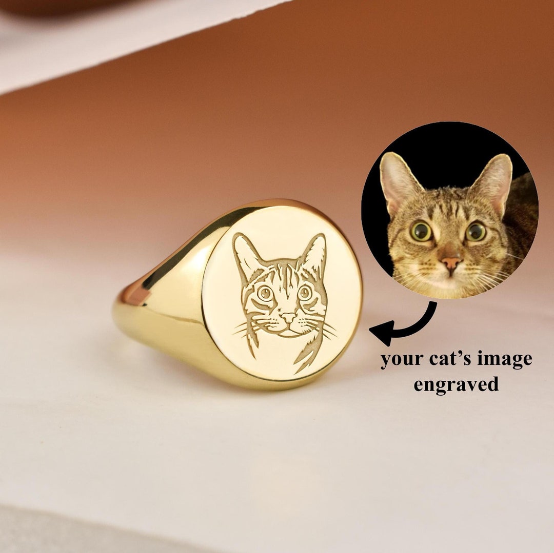 14K Gold Custom Cat Picture Signet Ring, Real Cat Image Jewelry, Actual ...