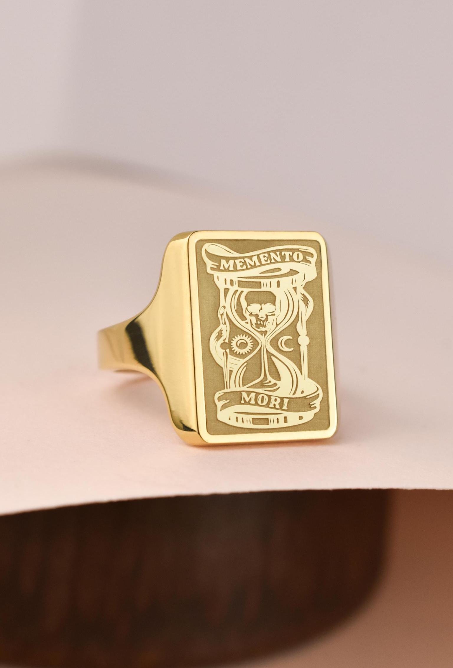 14K Solid Gold Memento Mori Signet Ring, Stoicism Gold Ring, Amor Fati ...