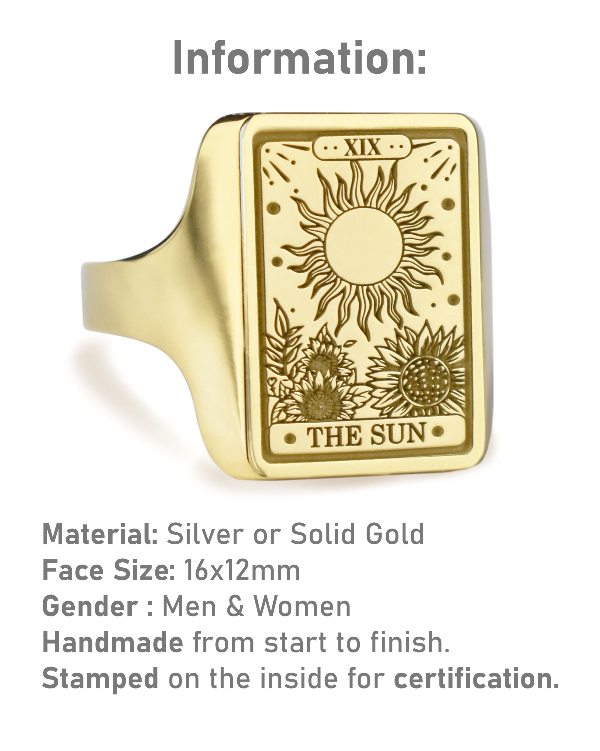 14K Gold the Sun Tarot Card Signet Ring, Rectangle Tarot Card Ring ...