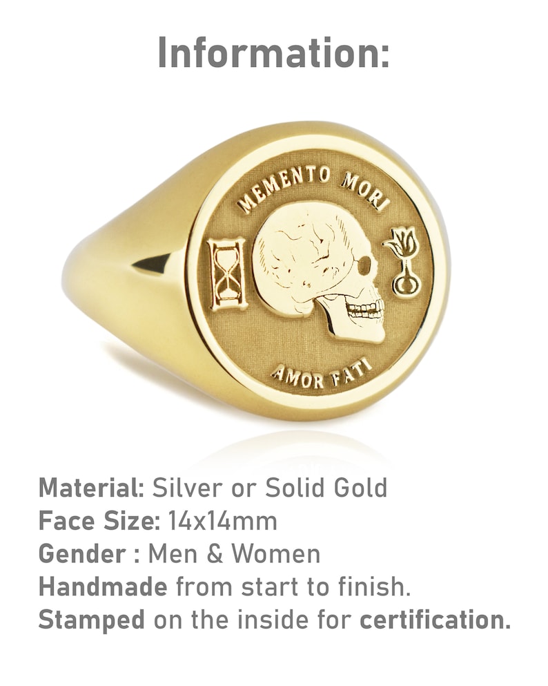 14K Solid Gold Memento Mori Signet Ring, Amor Fati Gold Ring, Stoicism ...