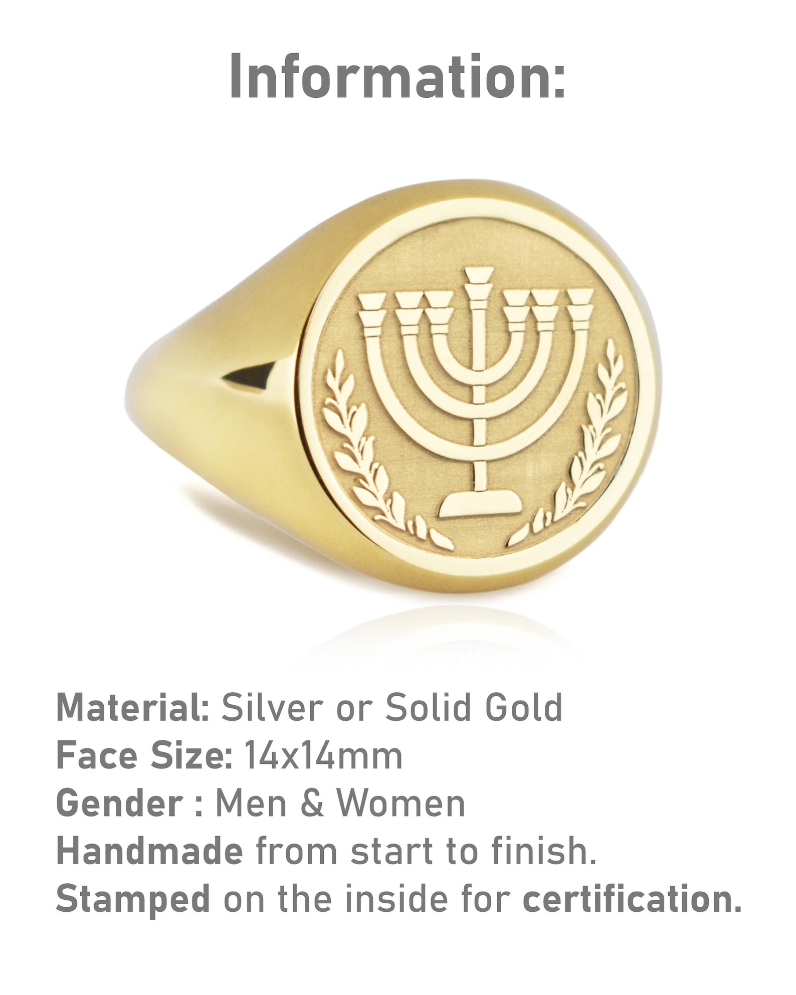 14K Solid Gold Menorah Signet Ring, Jewish Menorah Ring, Personalized ...
