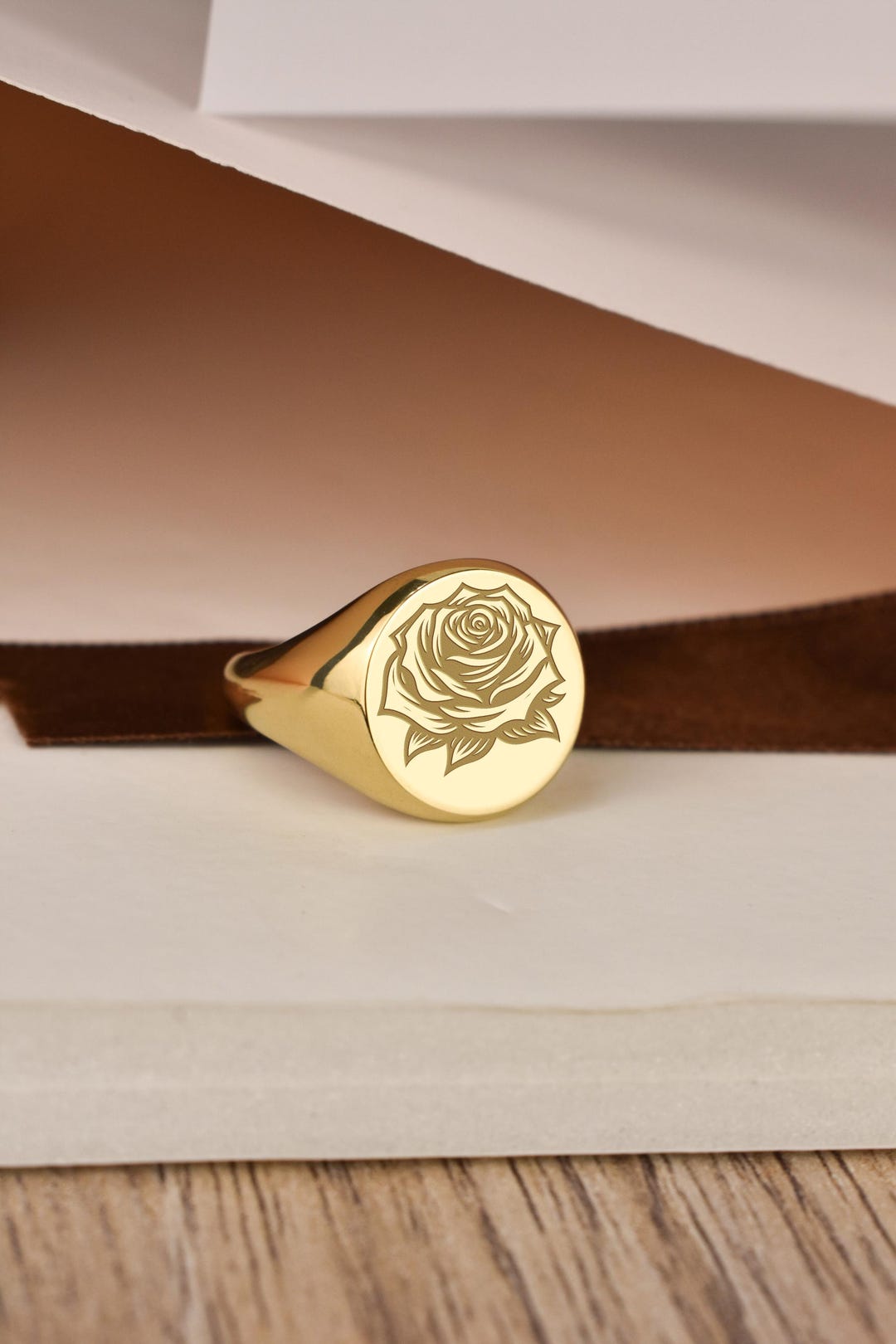 14K Solid Gold Rose Flower Signet Ring, Personalized Love Flower Ring ...