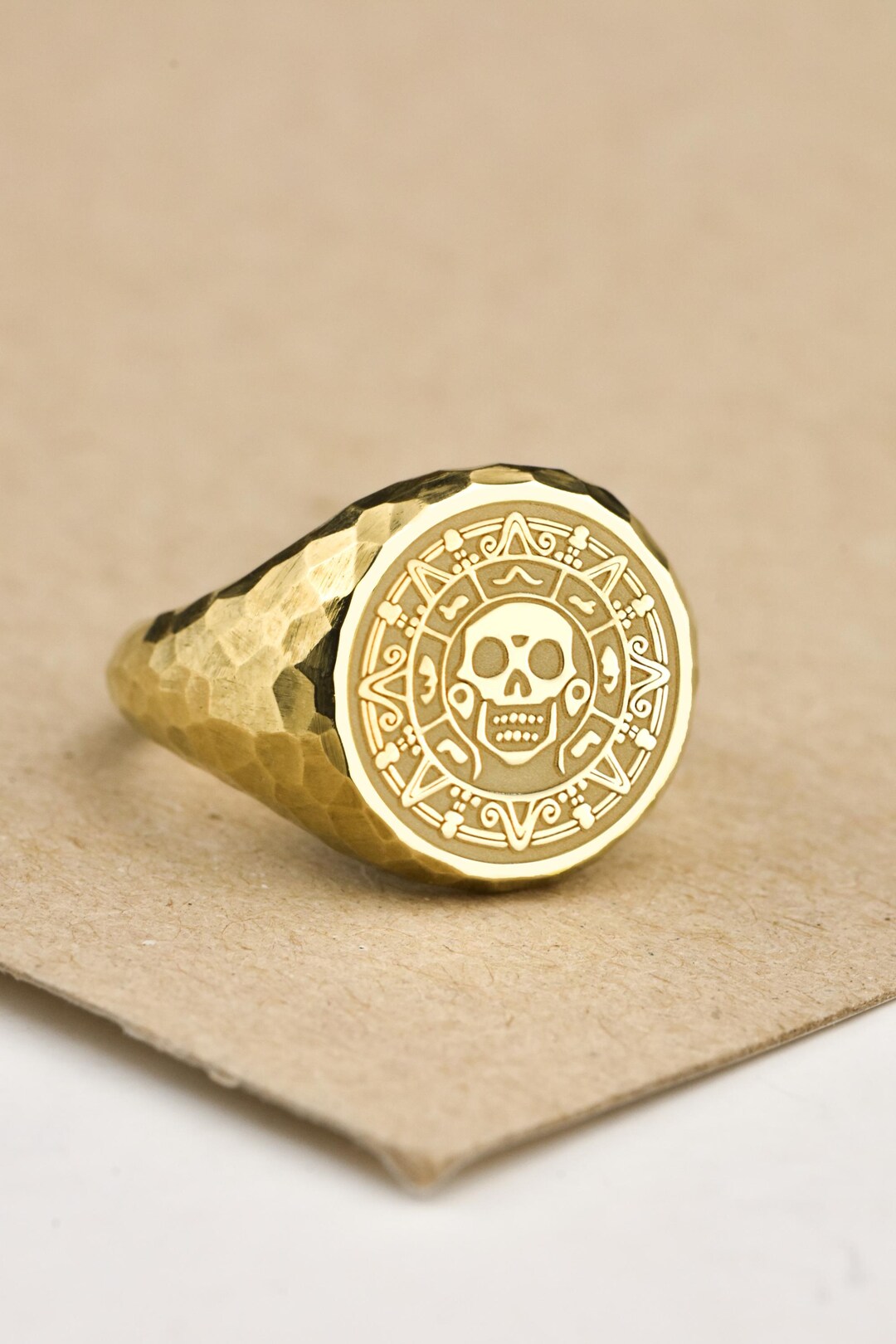 14K Solid Gold Pirate Coin Signet Ring, Hammered Nautical Jewelry ...