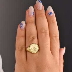 14K Solid Gold Mountain Signet Ring, Wanderlust Jewelry, Mountainside ...