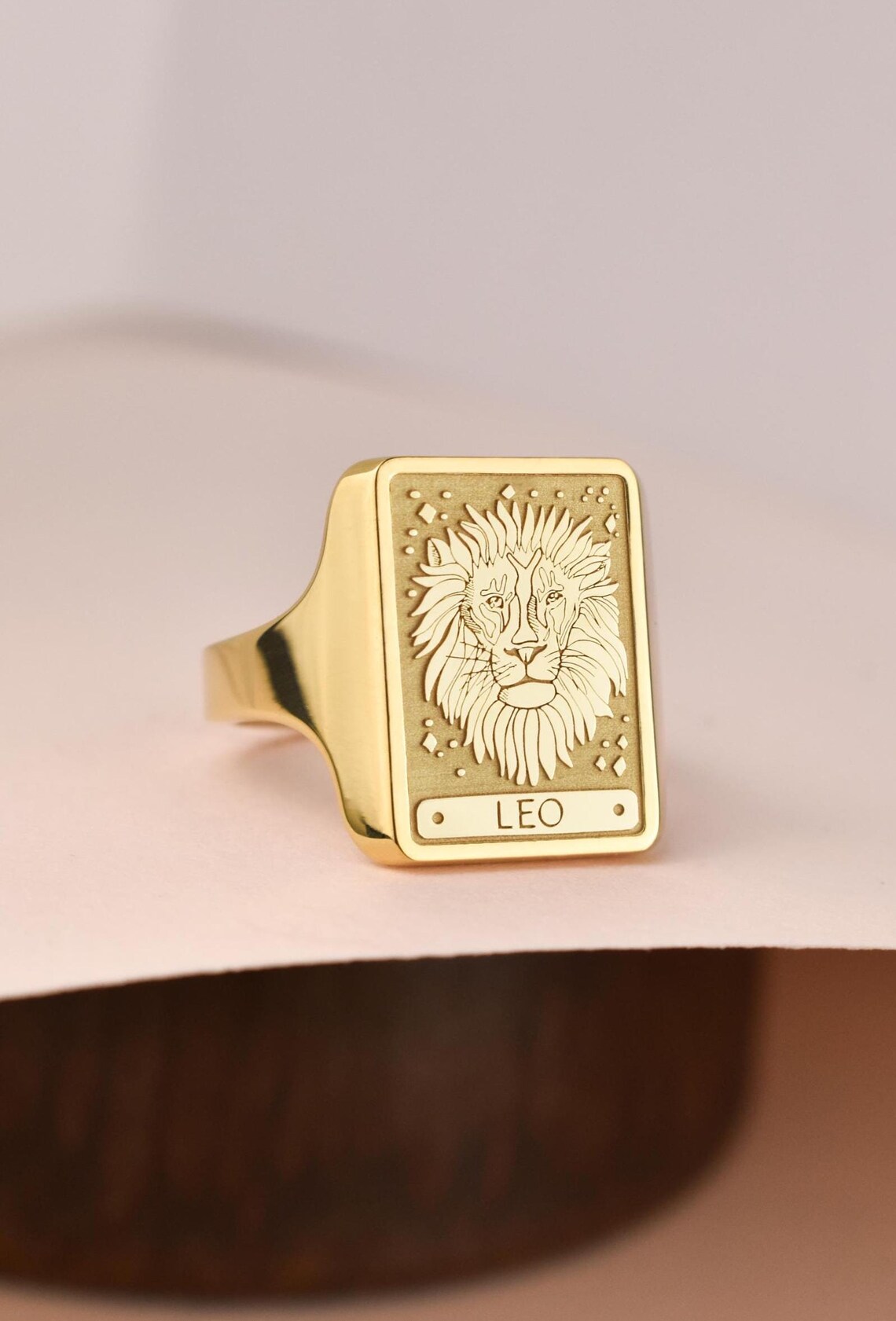 14K Solid Gold Leo Zodiac Sign Tarot Card Signet Ring for Men & Women ...