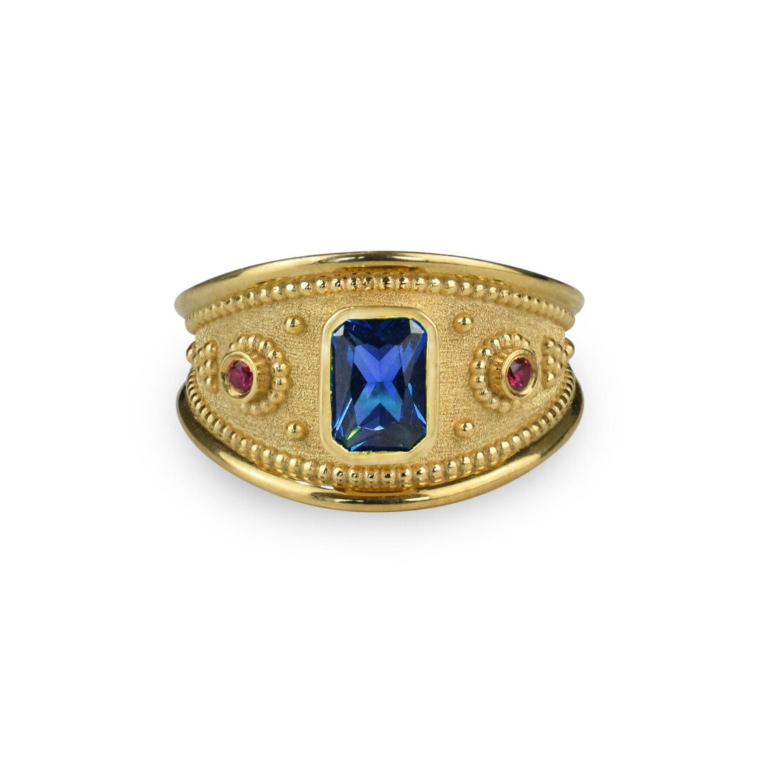 14K Gold Blue Sapphire Tuscany Ring for Women, Blue Sapphire Etruscan ...