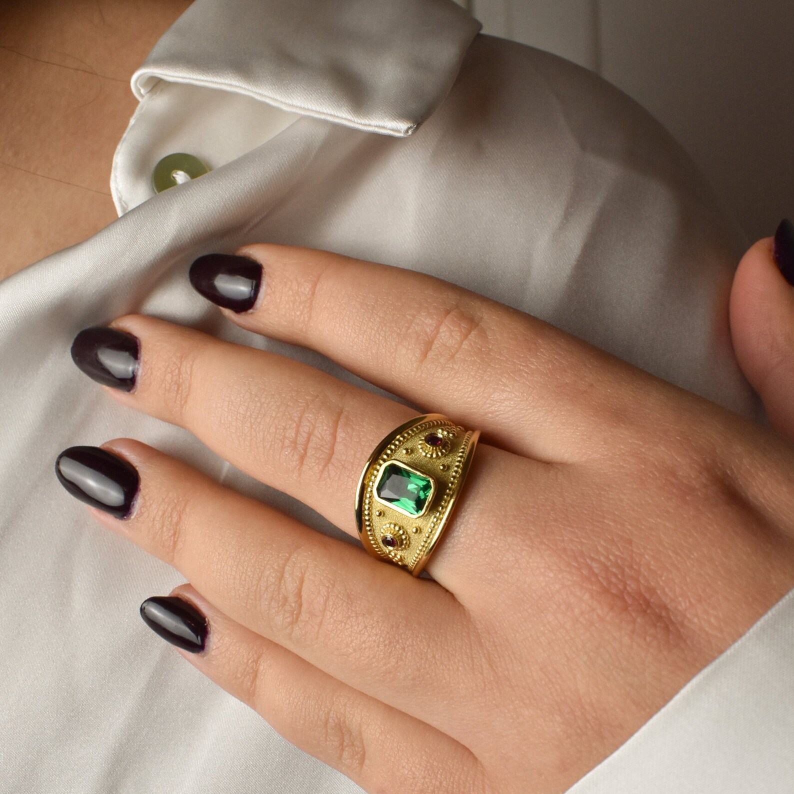 14K Gold Green Emerald Byzantine Ring, Multi-color Emerald & Ruby ...