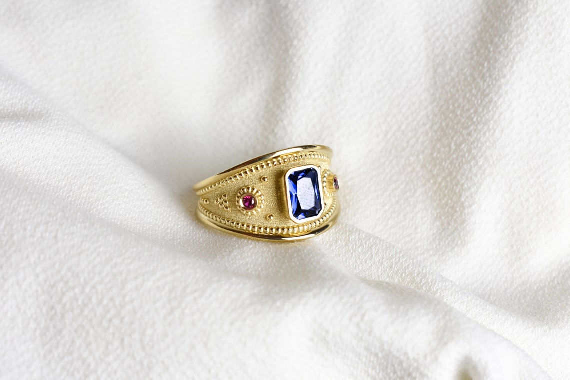14K Gold Blue Sapphire Tuscany Ring for Women, Blue Sapphire Etruscan ...