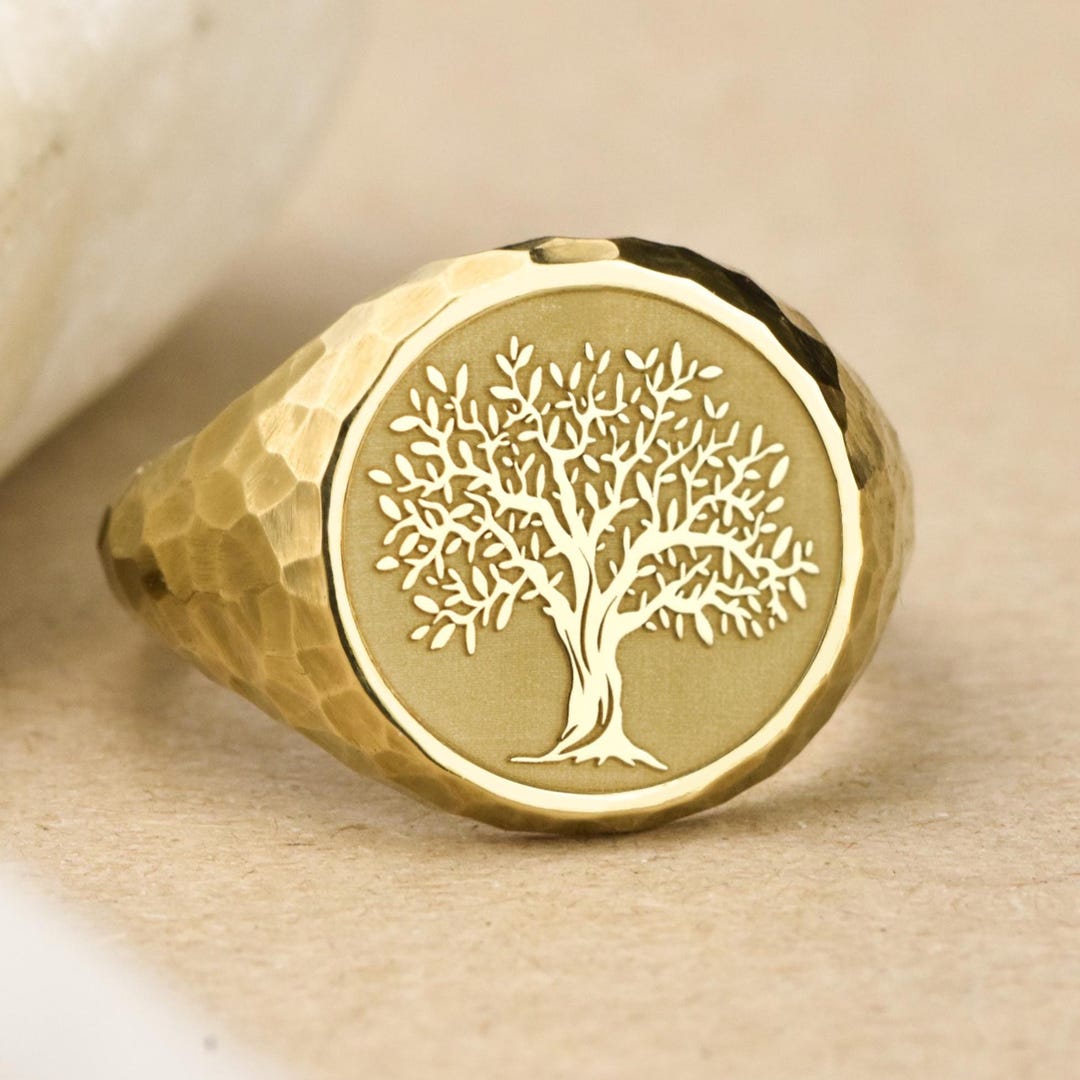 14K Gold Tree Signet Ring, Hammered Nature Jewelry, Life Symbol Ring ...