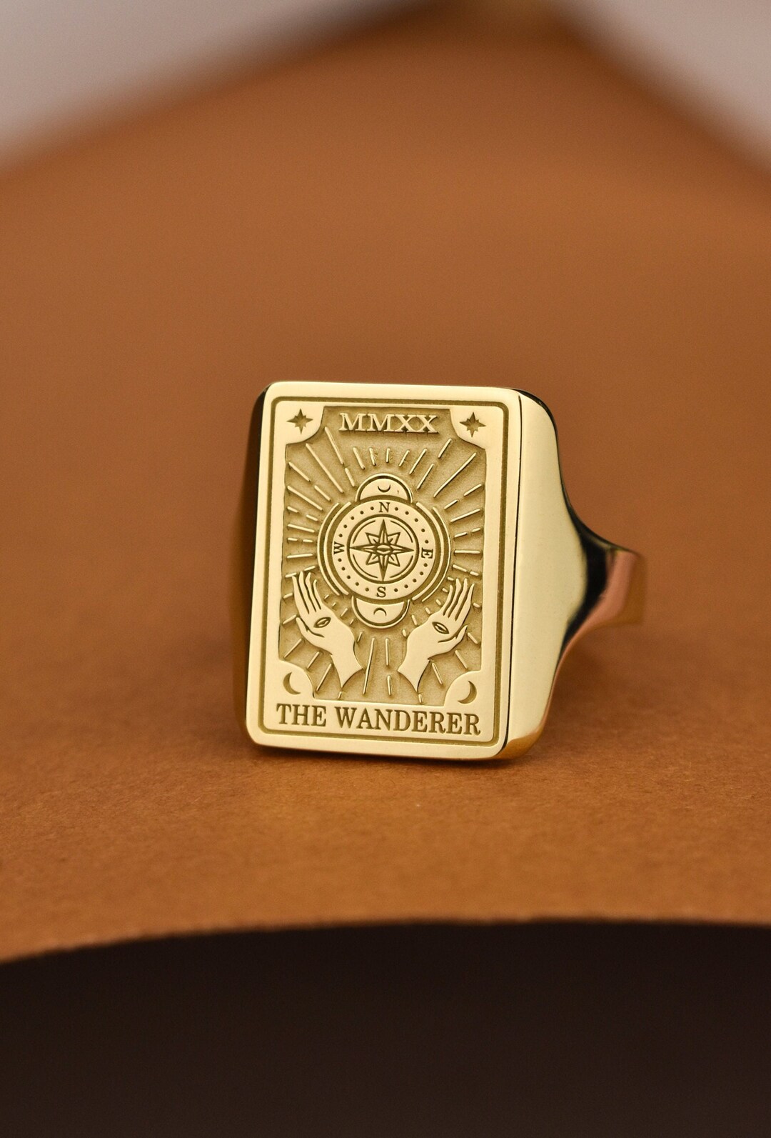 14K Gold Wanderer Tarot Card Signet Ring, Gold Rectangle Signet Ring ...