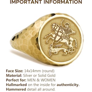 14K Real Gold Saint George Signet Ring, Hammered Catholic Jewelry ...