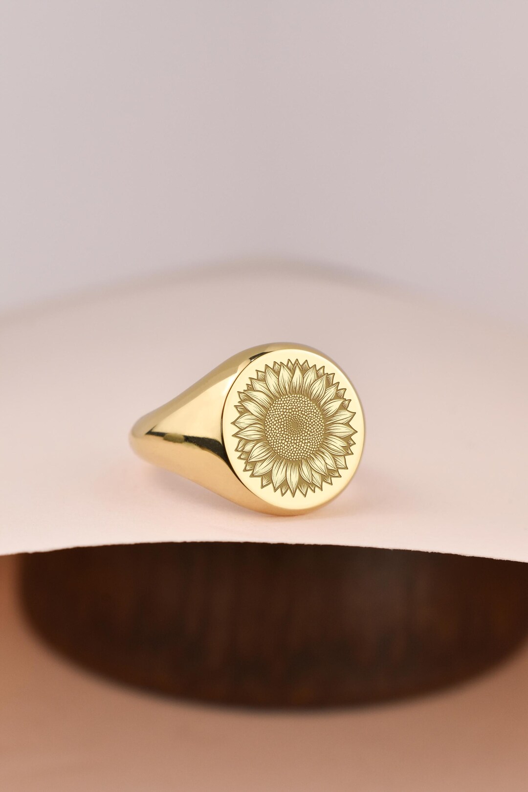 14K Solid Gold Sunflower Signet Ring, American Giant Jewelry, Floral ...