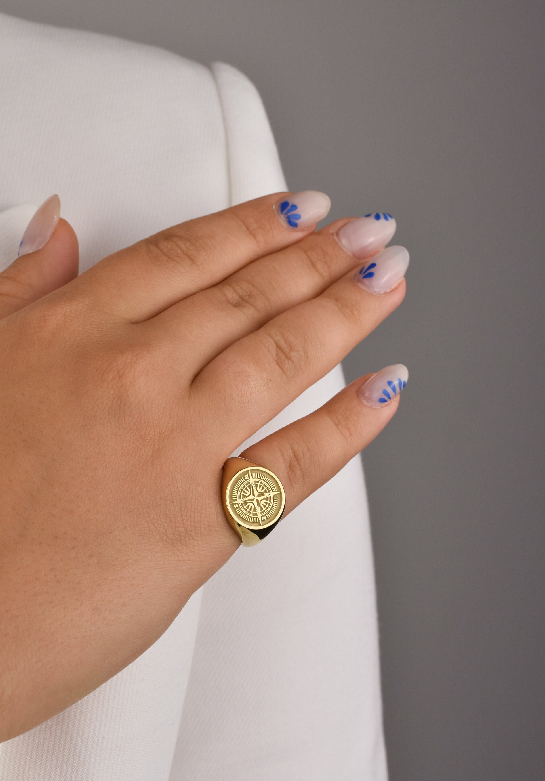 14K Solid Gold Compass Signet Ring, Graduation Gift, North Star Signet ...