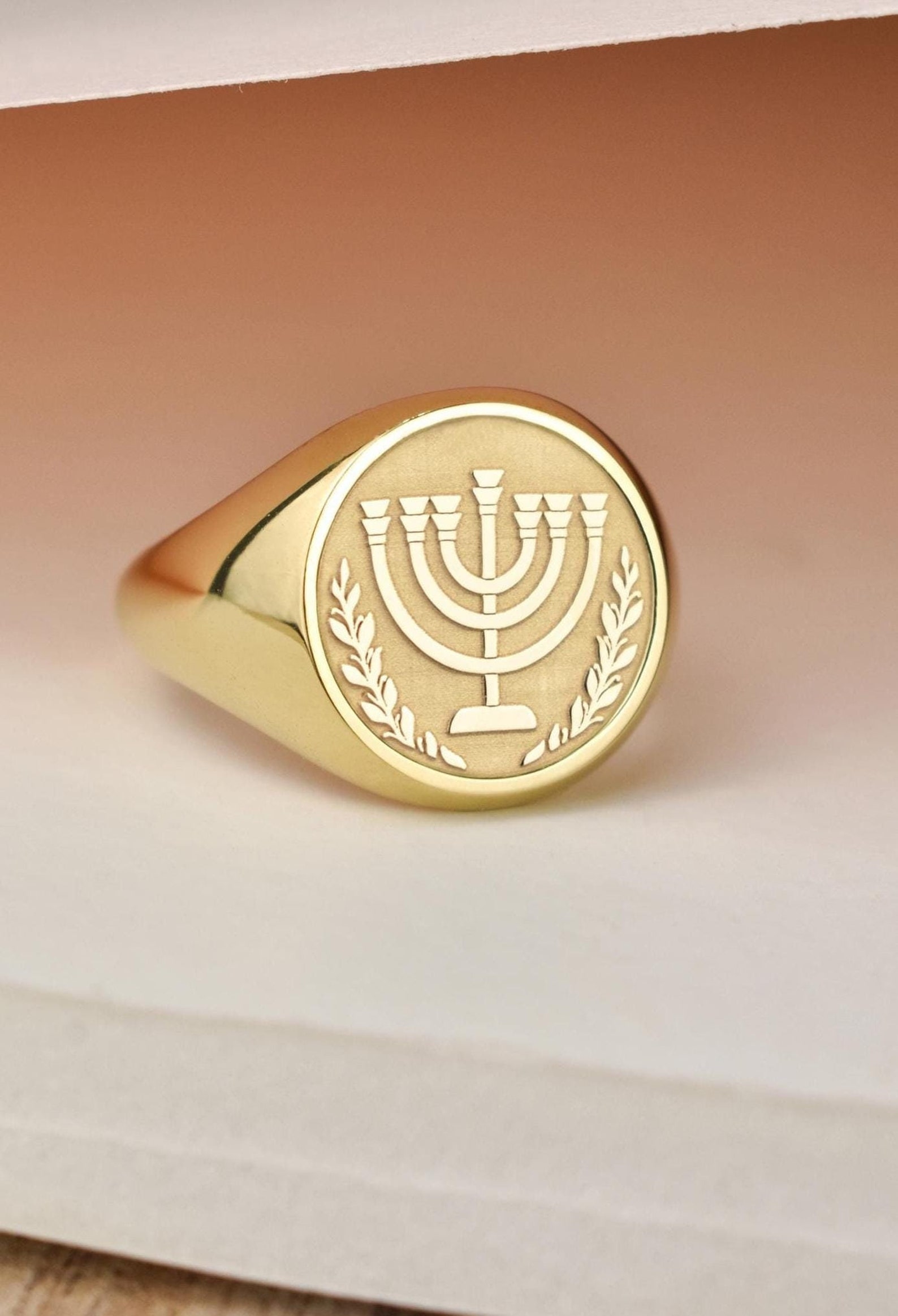 14K Solid Gold Menorah Signet Ring, Jewish Menorah Ring, Personalized ...