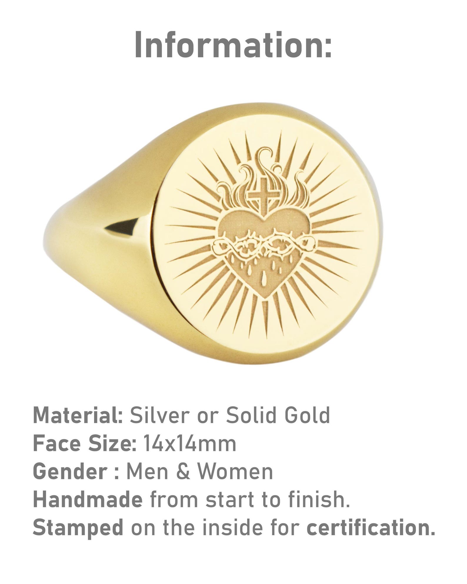 14K Gold Sacred Heart of Jesus Signet Ring, Personalized Flaming Heart ...