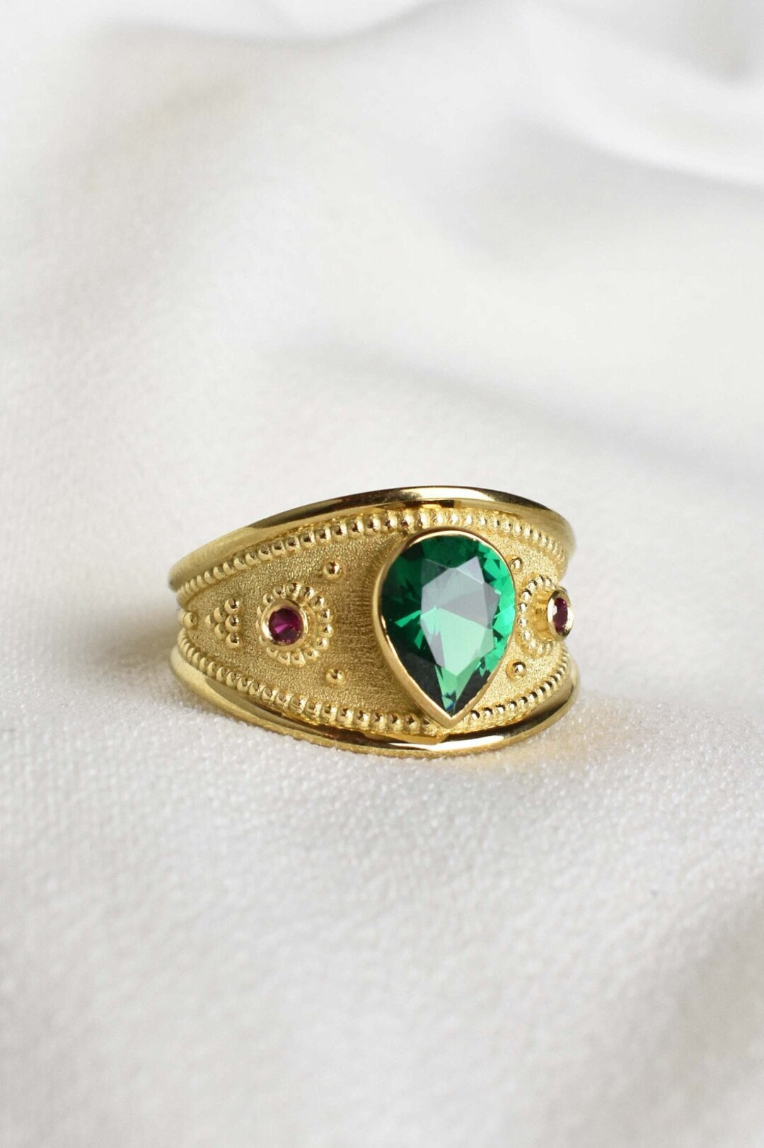 Pear Cut Emerald Gold Band, Byzantine Emperor Ring, Multi Color ...